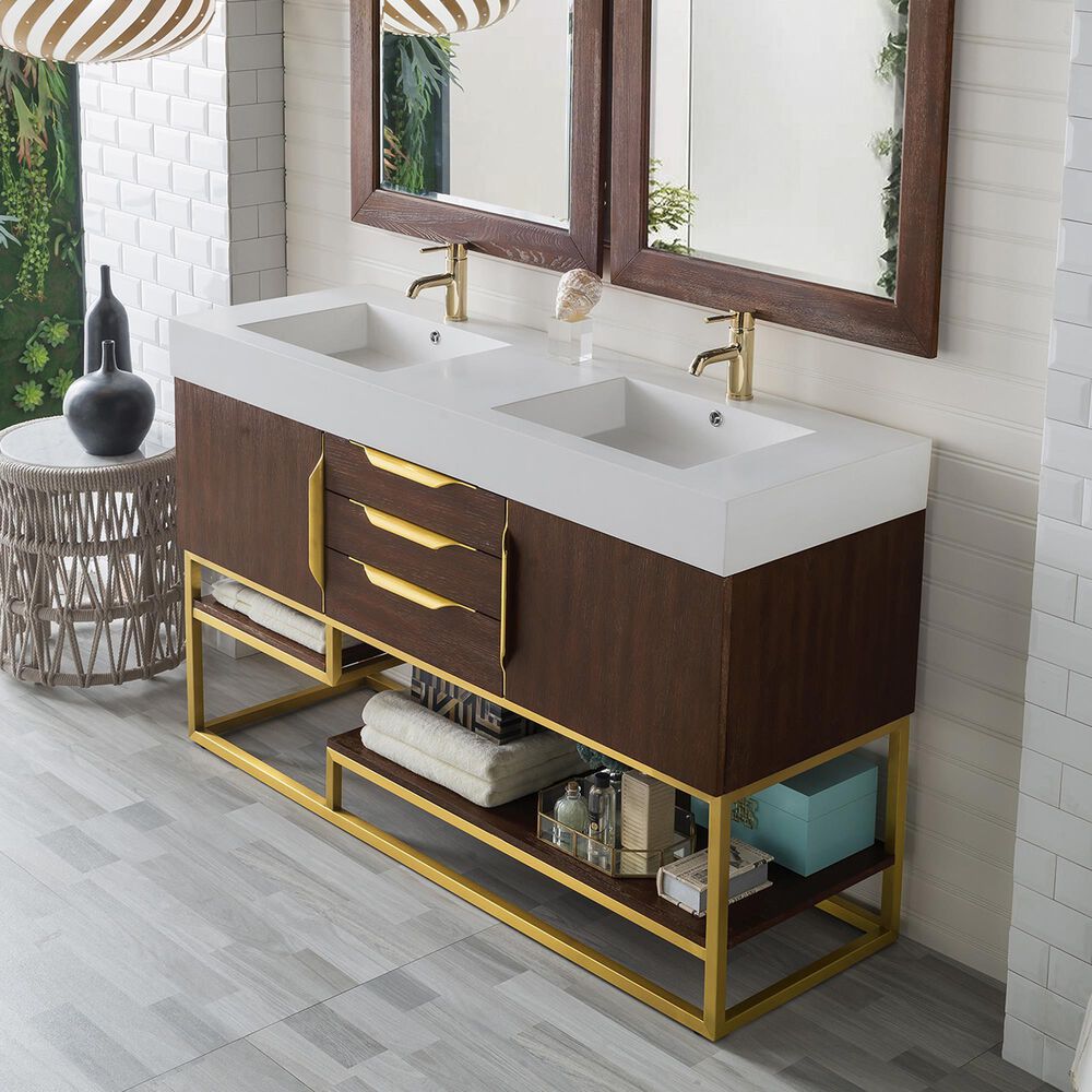 James Martin Columbia 59" Double Bathroom Vanity in Coffee Oak and Radiant Gold with 10 cm ...