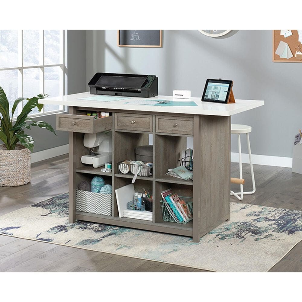 Sauder Craft Pro Work Table with Storage in White and Mystic Oak | NFM