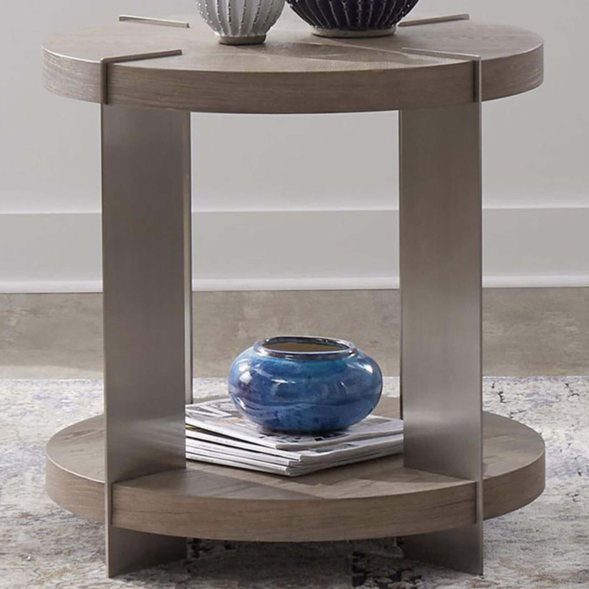 Belle Furnishings Harlow Round End Table in Sandstone and Satin Nickel