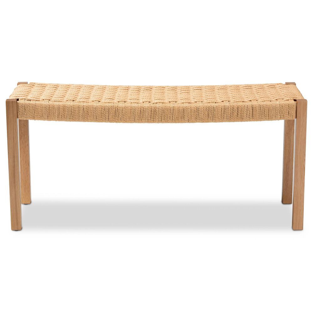 Baxton Studio Pacari Accent Bench with Beige Seat in Oak Brown | NFM