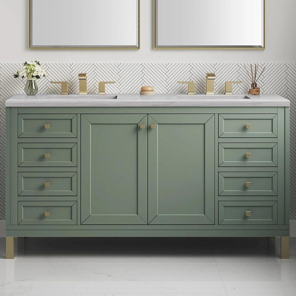 James Martin Chicago 60" Double Bathroom Vanity in Smokey Celadon with ...