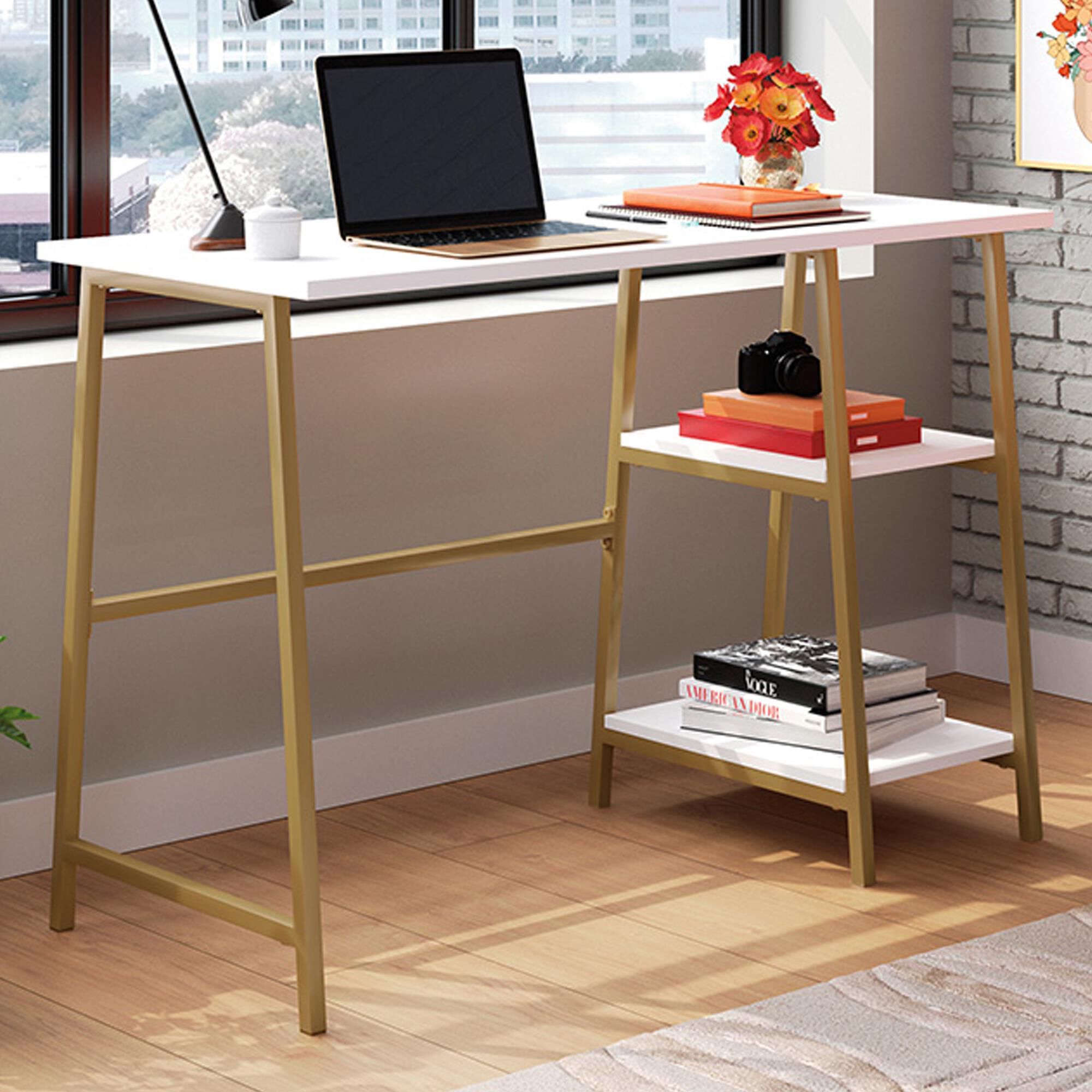 Sauder North Avenue Desk with Open Shelves in White and Satin Gold NFM