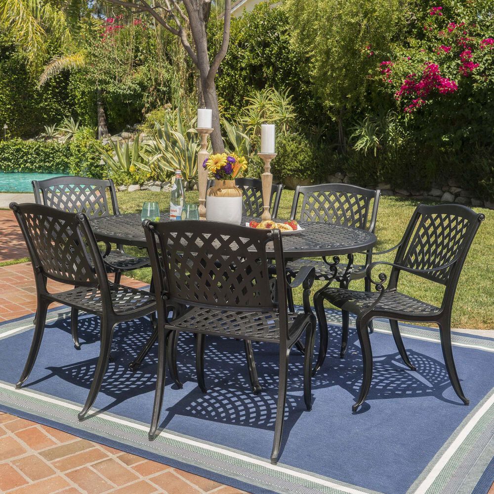 Noble House Carysfort 7-Piece Patio Dining Set in Antique Matte Black | NFM Noble House Carysfort 7-Piece Patio Dining Set in Antique Matte Black | NFM