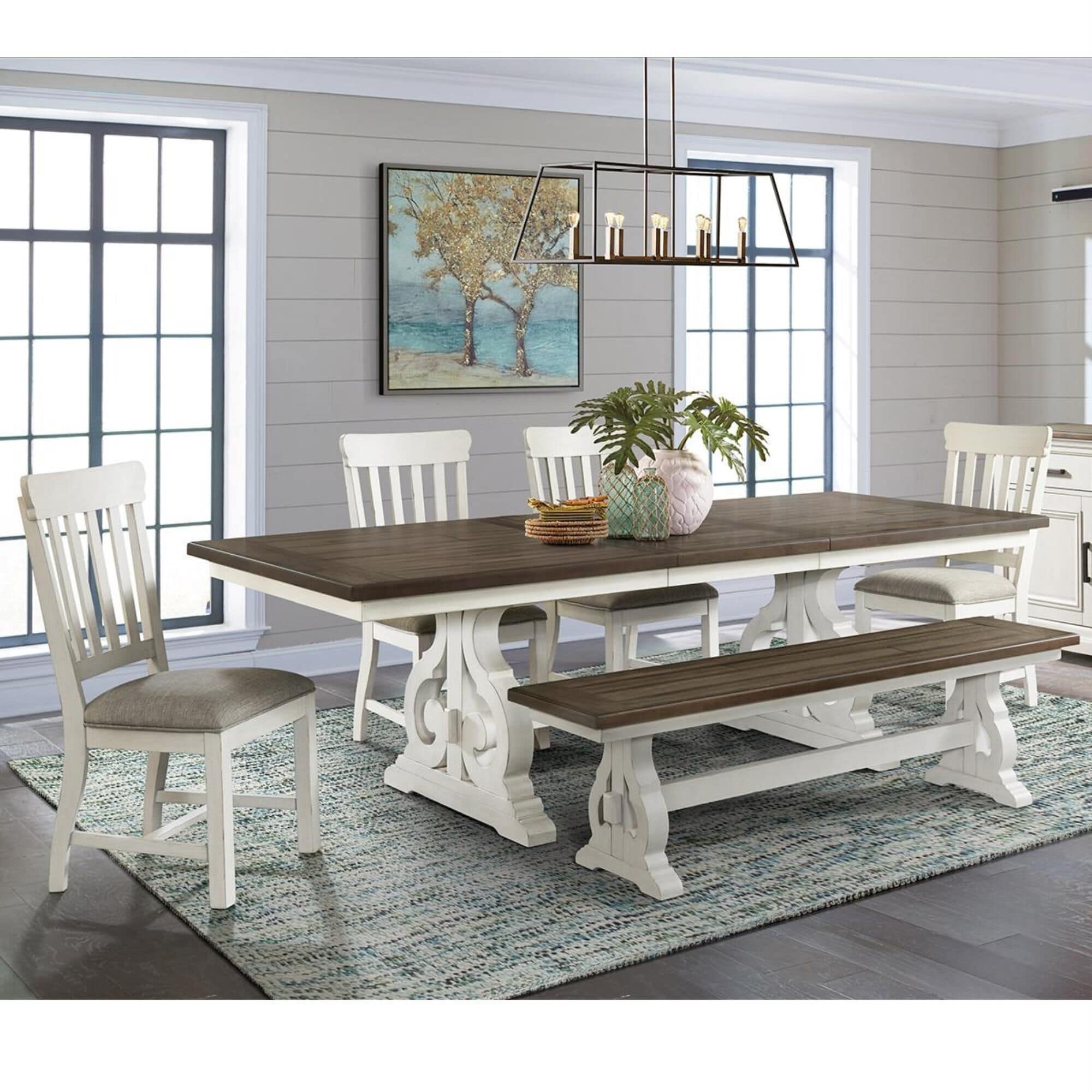 Hawthorne Furniture Drake Large Dining Table 1 Bench and 4 Chairs in Rustic White and French Oak