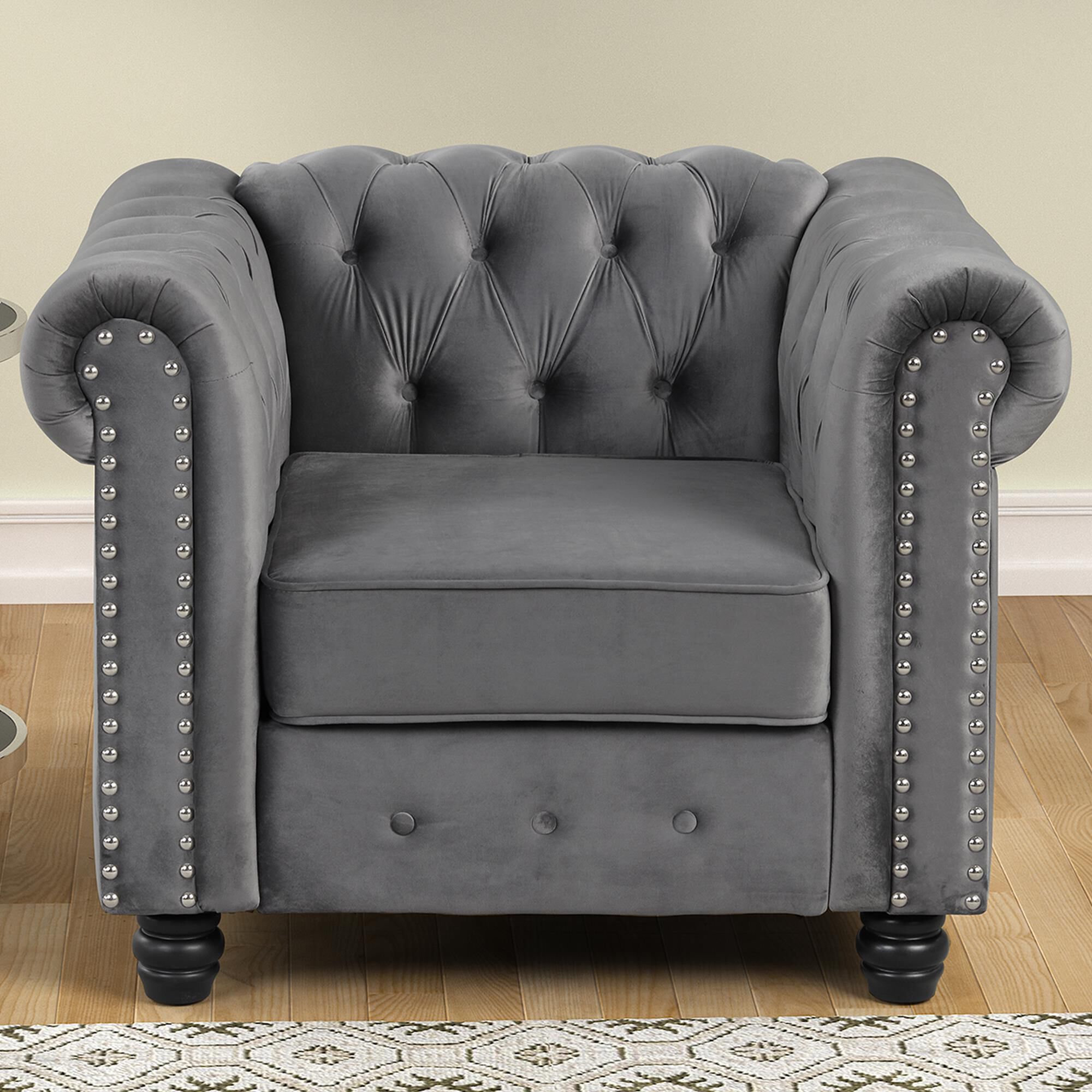 Grey velvet chesterfield chair store