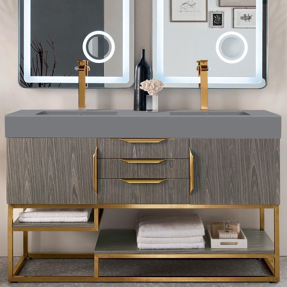James Martin Columbia 59" Double Bathroom Vanity in Ash Gray and Radiant Gold with 10 cm Dark ...