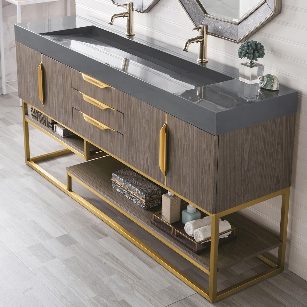 James Martin Columbia 72" Double Bathroom Vanity in Ash Gray and Radiant Gold with 10 cm Dark ...
