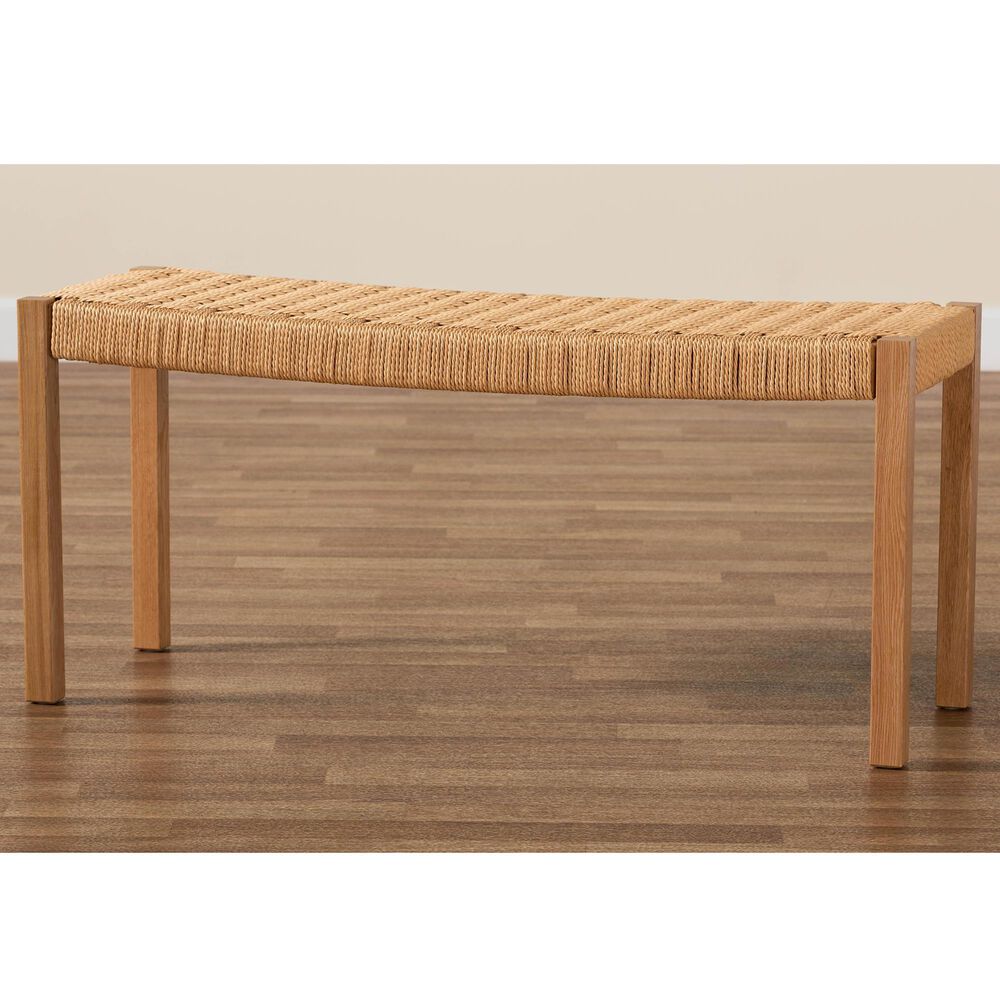 Baxton Studio Pacari Accent Bench with Beige Seat in Oak Brown | NFM