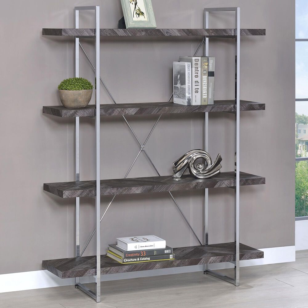 Pacific Landing Grimma 63" Bookcase in Rustic Grey and Chrome | NFM