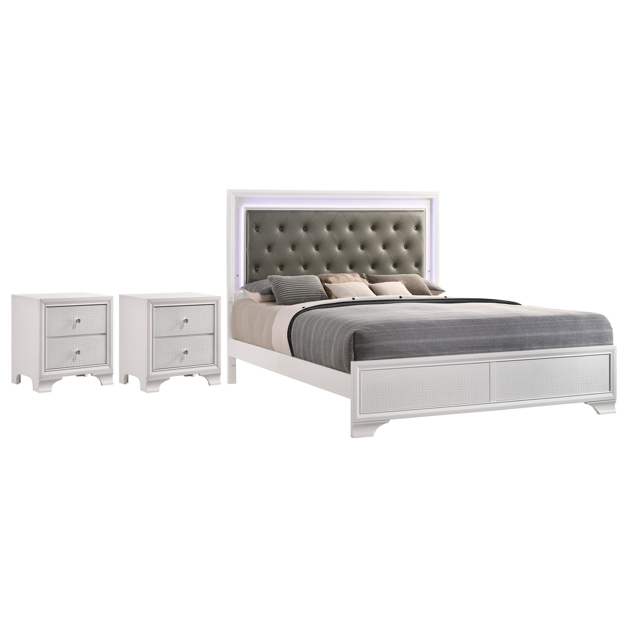 Crown Mark Lyssa King Bed with Two Nightstands in White