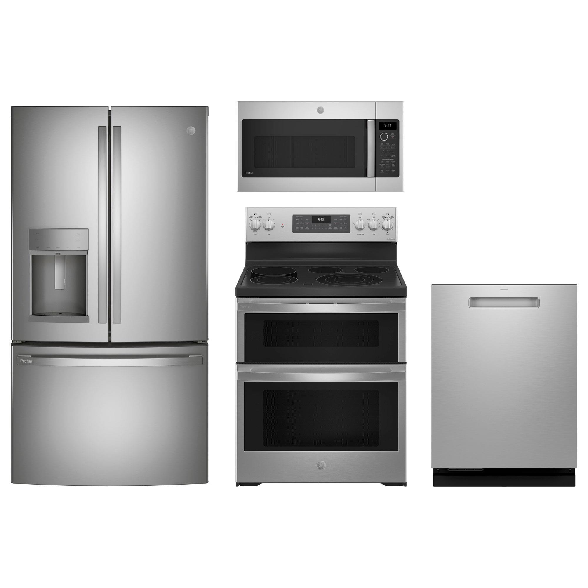 GE Profile 4pc Kitchen Package with Refrigerator, Range, Microwave, and ...