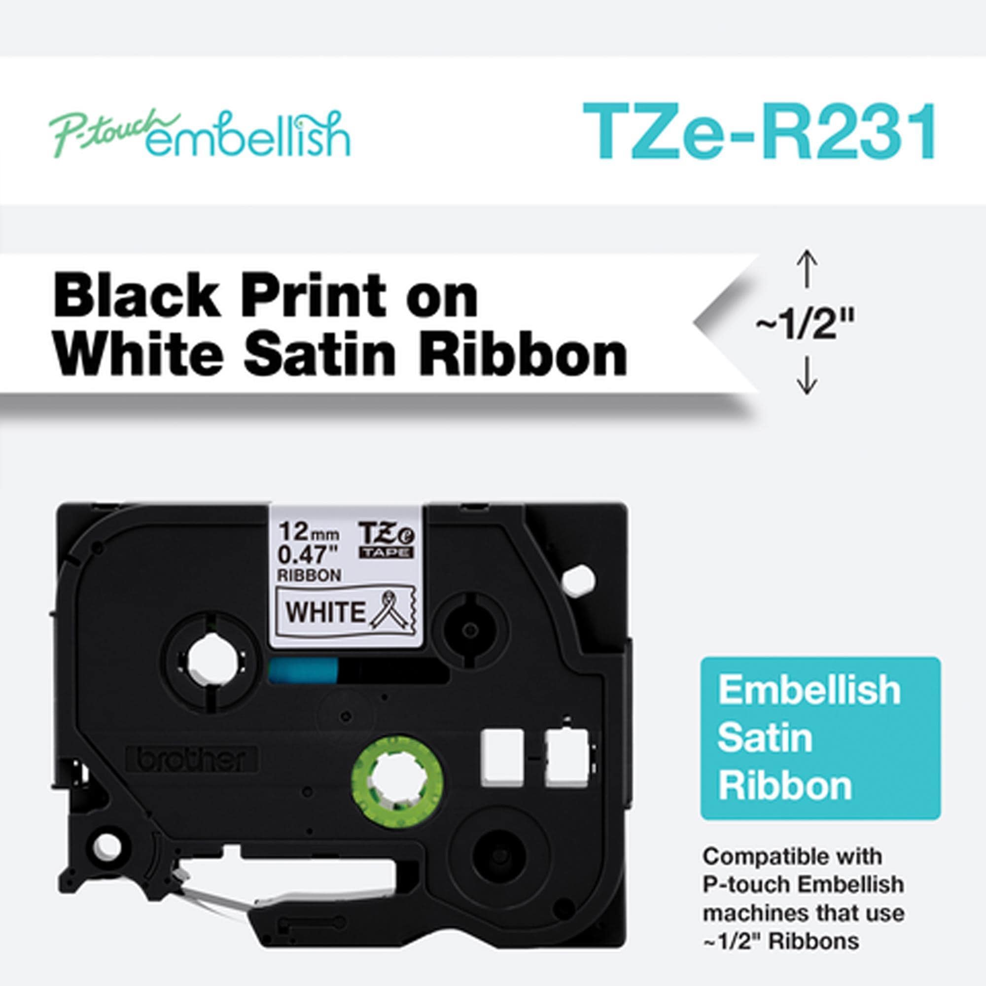 Brother P-touch Embellish Black Print on White Satin Ribbon 12mm