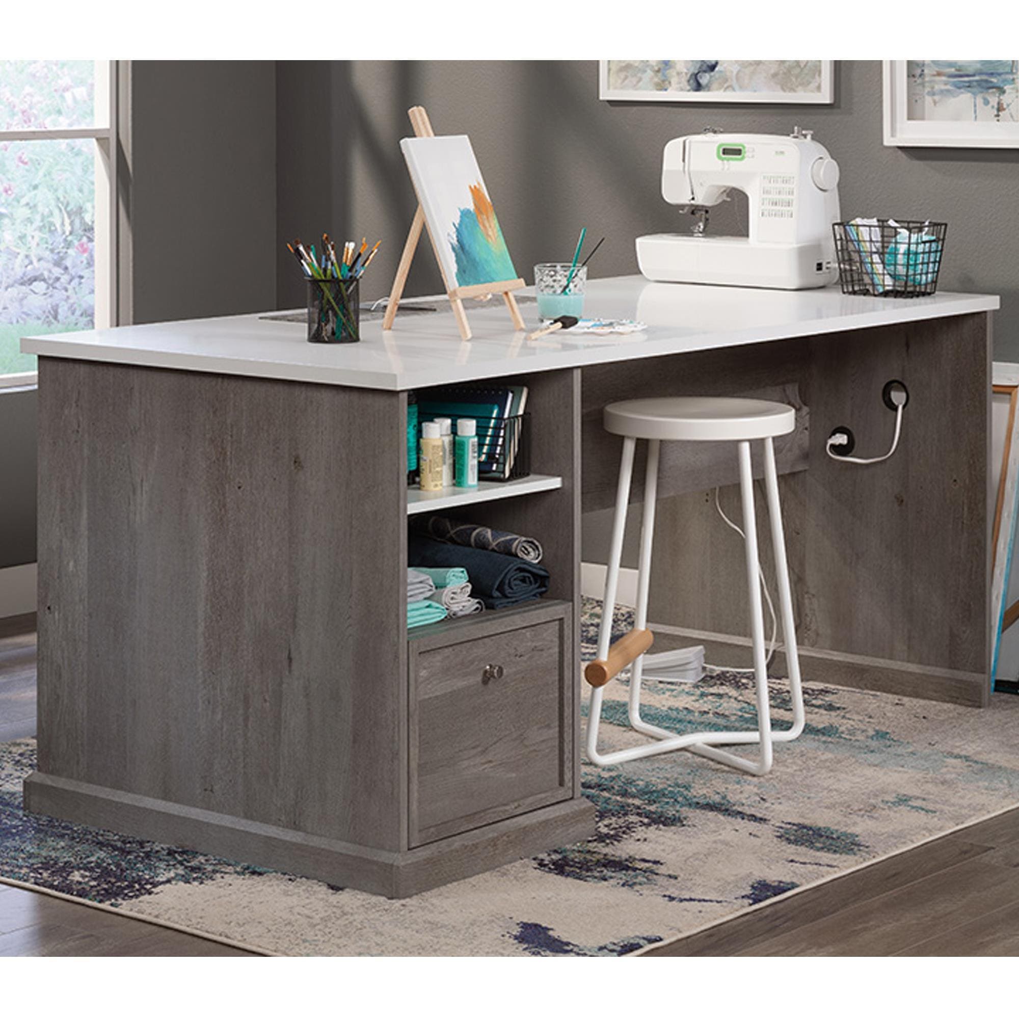 Sauder Craft Pro Work Table in Mystic Oak and White