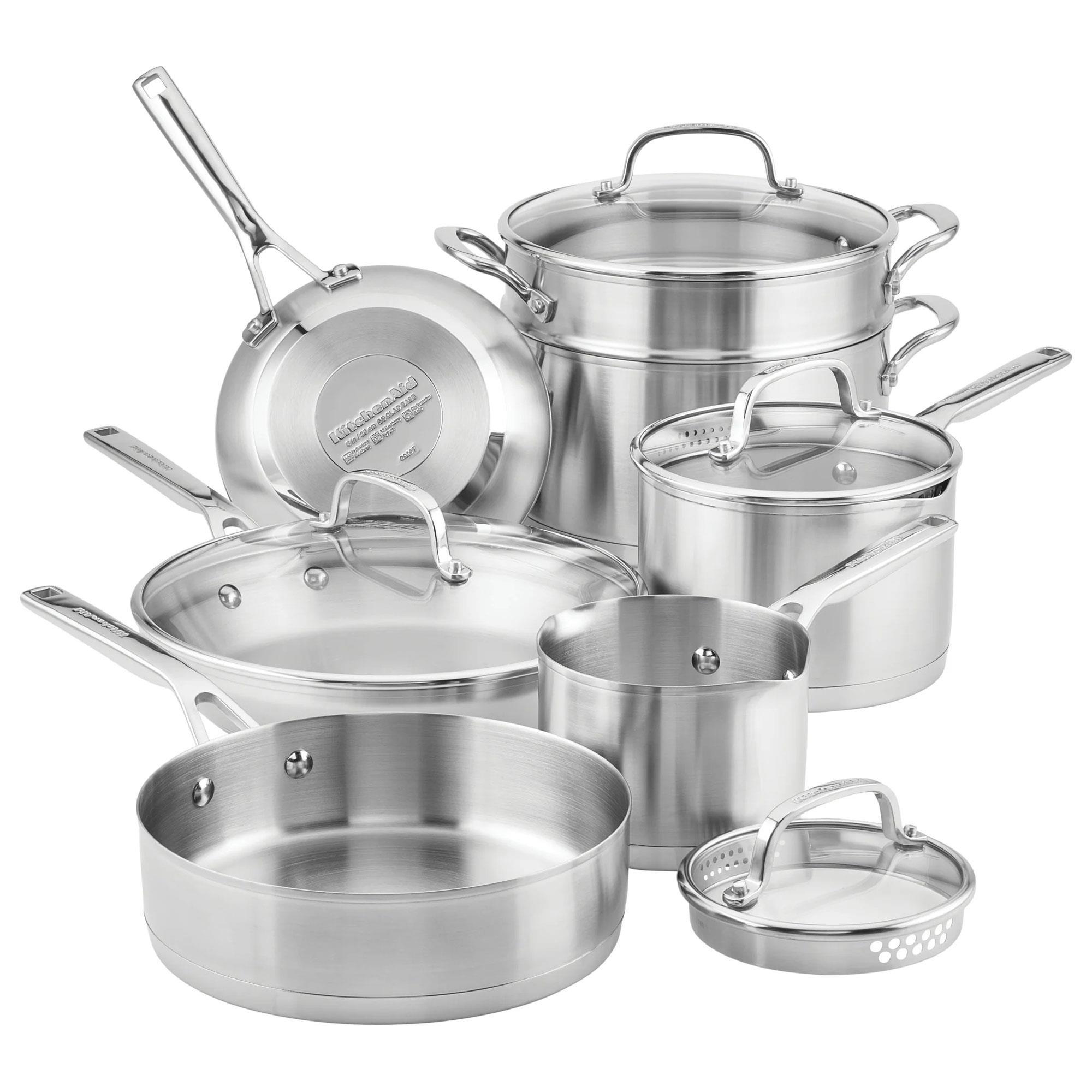 KitchenAid 11-Piece 3-Ply Base Cookware Set in Stainless Steel | NFM