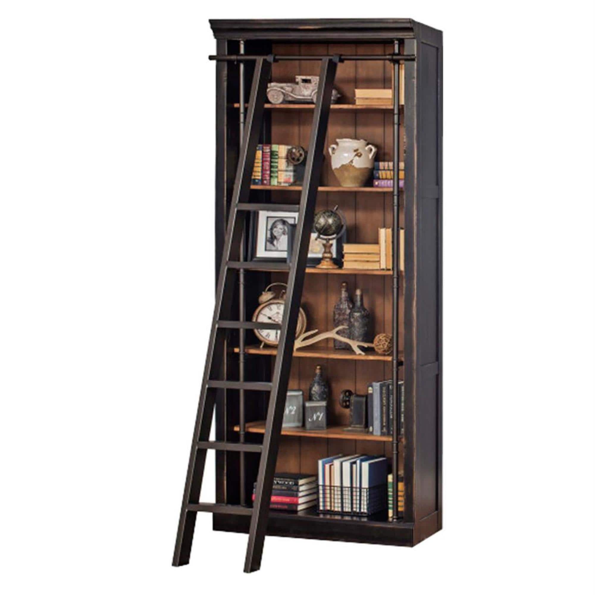 Wycliff Bay Toulouse Bookcase with Ladder in Aged Ebony and Warm Honey