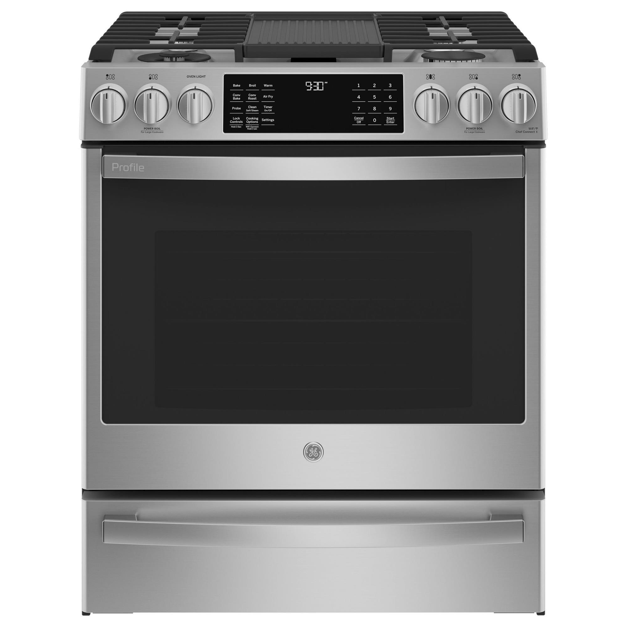 GE Profile 30" Dual Fuel Slide-In Front-Control Range in Fingerprint ...