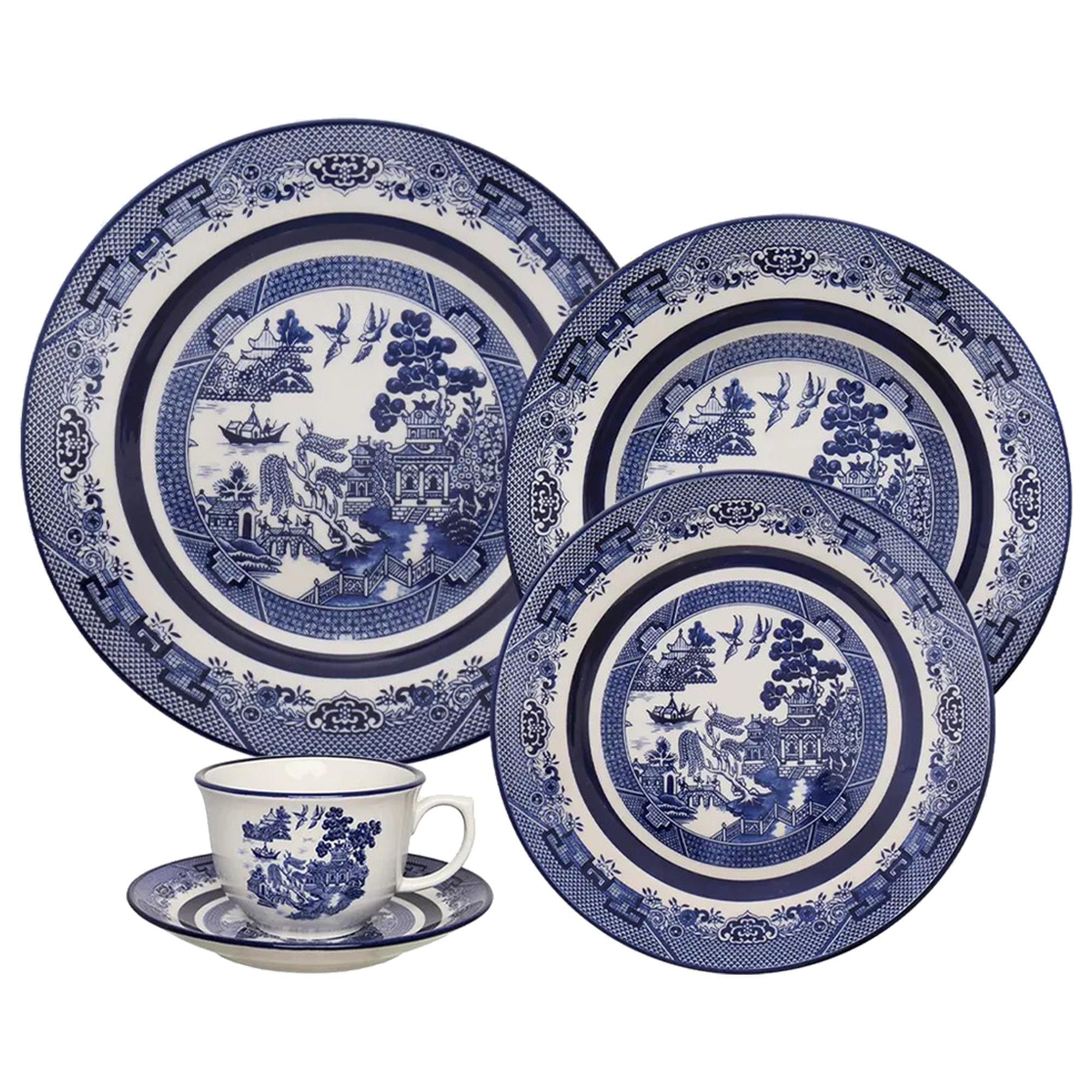 Oxford Flamingo Porcelain 20-Piece Dinnerware Set in Blue Willow